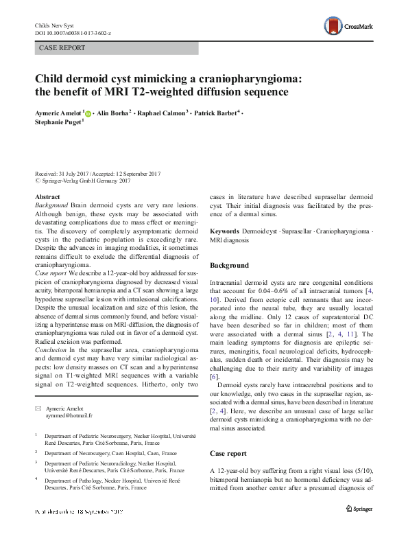 (PDF) Child dermoid cyst mimicking a craniopharyngioma: the benefit of ...
