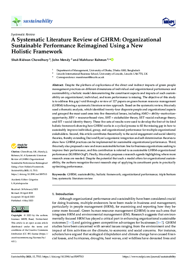 (PDF) A Systematic Literature Review of GHRM: Organizational Sustainable Performance Reimagined ...