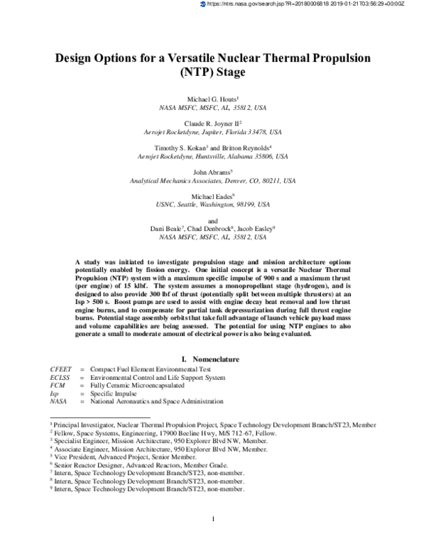 (PDF) Design Options for a Versatile Nuclear Thermal Propulsion (NTP) Stage