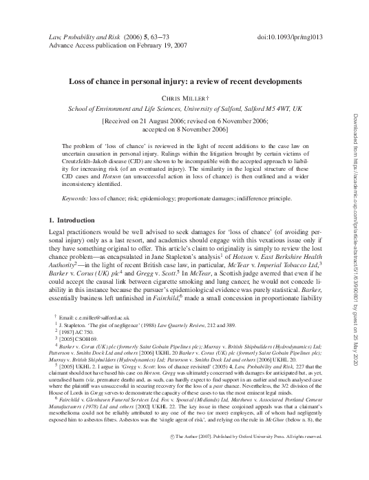 (PDF) Loss of chance in personal injury: a review of recent developments