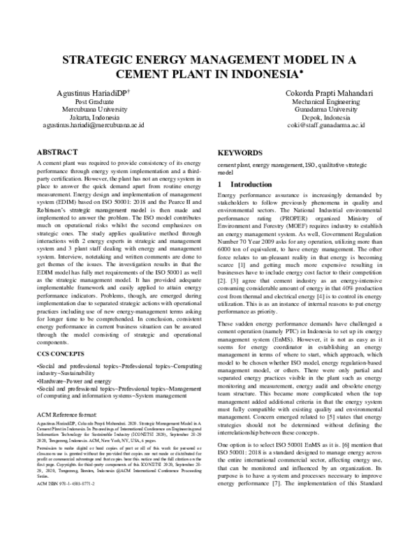 STRATEGIC ENERGY MANAGEMENT MODEL IN A CEMENT PLANT IN INDONESIA