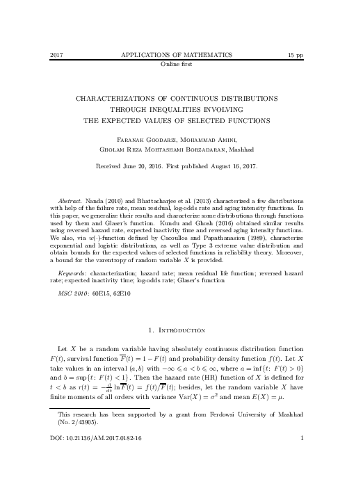 (PDF) Characterizations of Continuous Distributions Based on Conditional Expectation of ...