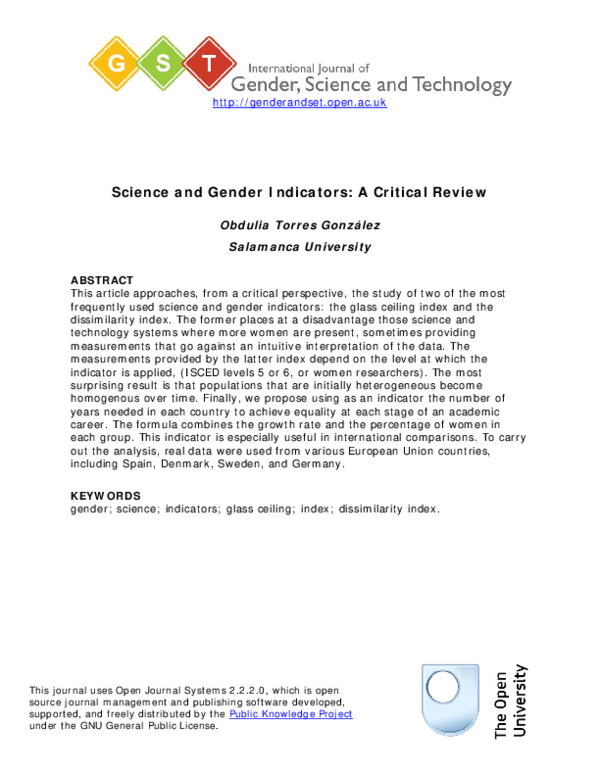 (PDF) Science and Gender Indicators: A Critical Review
