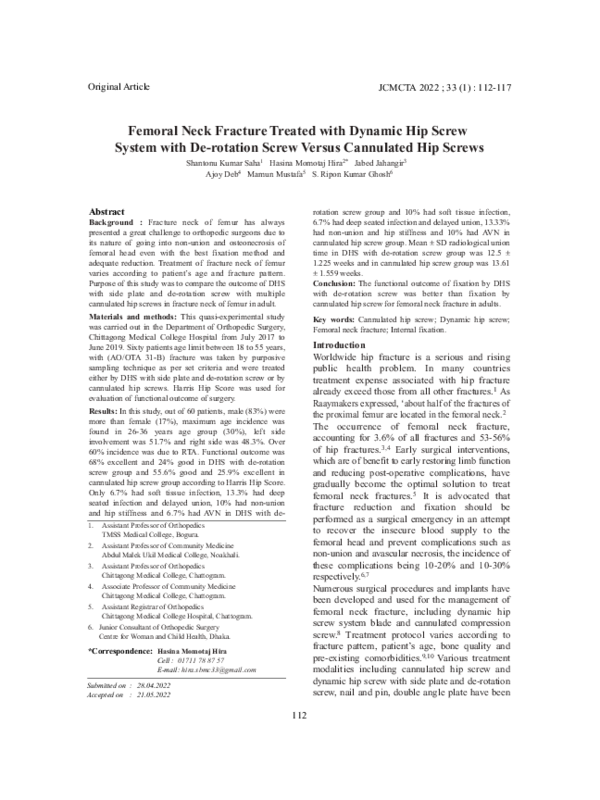 (PDF) Femoral Neck Fracture Treated with Dynamic Hip Screw System with ...