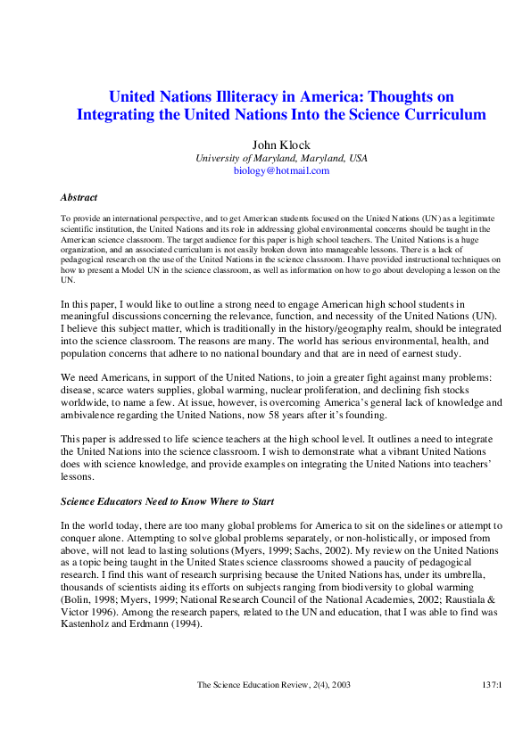 (PDF) United Nations Illiteracy in America: Thoughts on Integrating the ...