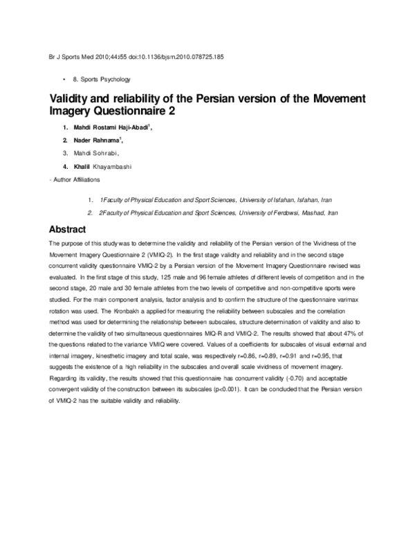 (PDF) Validity and reliability of the Persian version of the Movement Imagery Questionnaire 2 ...
