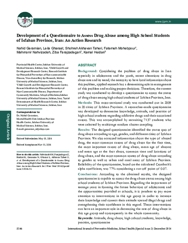 (PDF) Development of a questionnaire to assess drug abuse among high school students of Isfahan ...