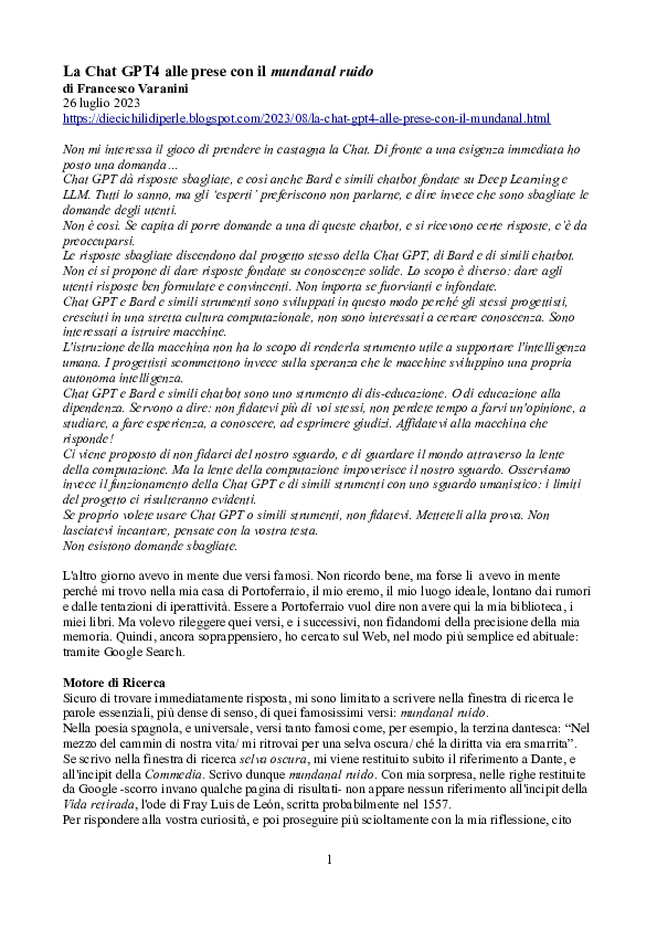 (PDF) La Chat GPT4 alle prese con il 'mundanal ruido' | Francesco Varanini - Academia.edu