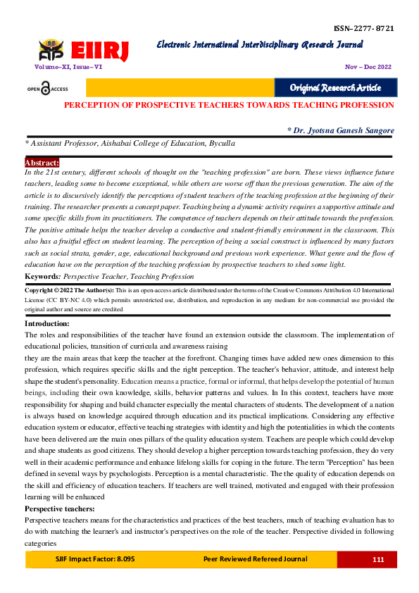 Pdf Perception Of Prospective Teachers Towards Teaching Profession