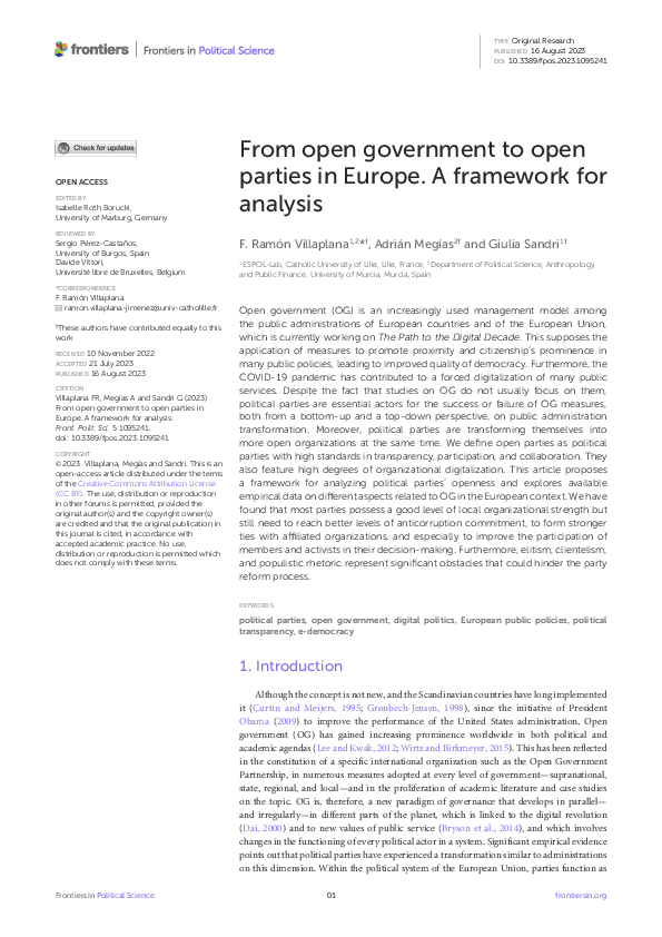 (PDF) From open government to open parties in Europe. A framework for ...