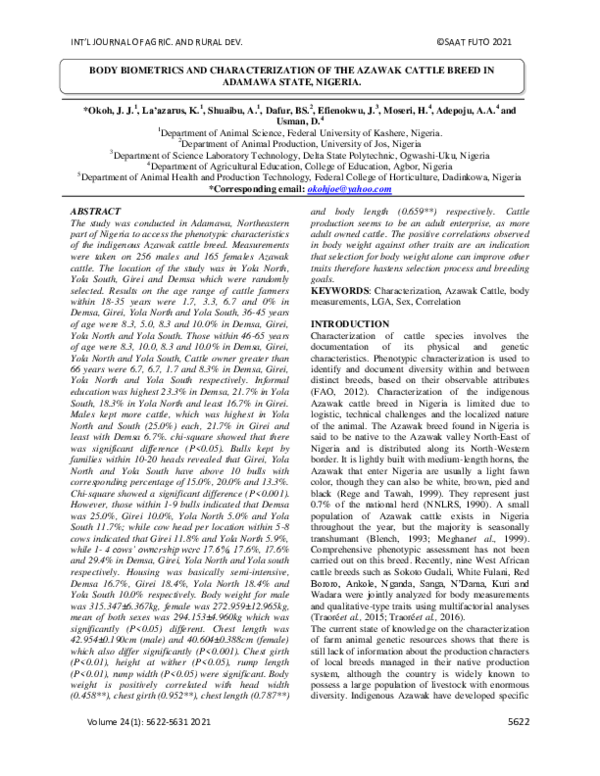 (PDF) BODY BIOMETRICS AND CHARACTERIZATION OF THE AZAWAK CATTLE BREED IN ADAMAWA STATE NIGERIA
