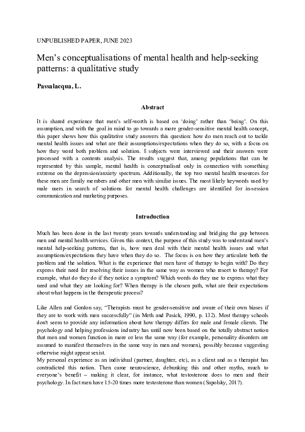 (PDF) Men’s conceptualisations of mental health and help-seeking patterns: a qualitative study