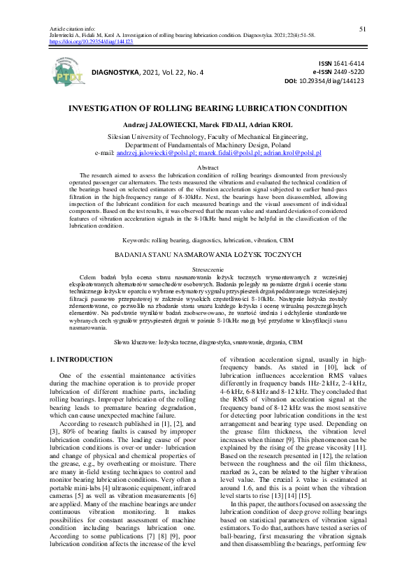 (PDF) Investigation of rolling bearing lubrication condition