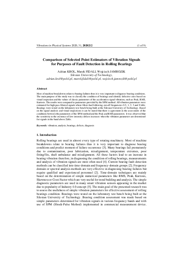 Pdf Comparison Of Selected Point Estimators Of Vibration Signals For