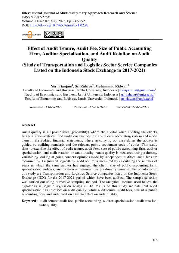 (PDF) Effect of Audit Tenure, Audit Fee, Size of Public Accounting Firm, Auditor Specialization ...
