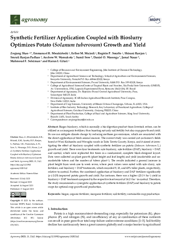 (PDF) Synthetic Fertilizer Application Coupled with Bioslurry Optimizes ...