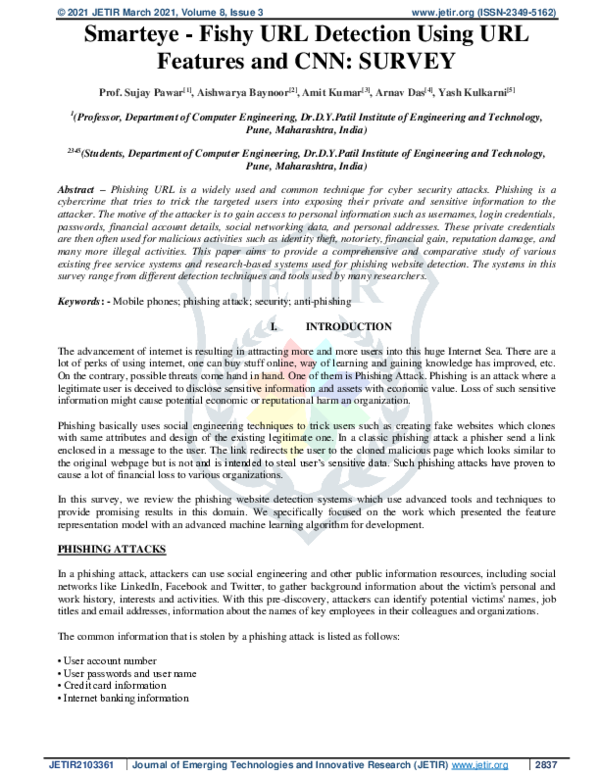 (PDF) Smarteye-Fishy URL Detection Using URL Features and CNN: SURVEY