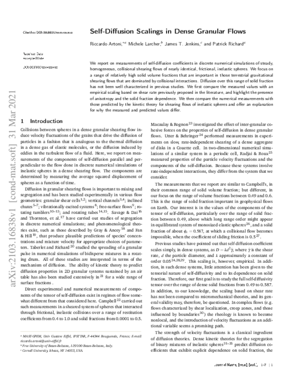 (PDF) Self-diffusion scalings in dense granular flows