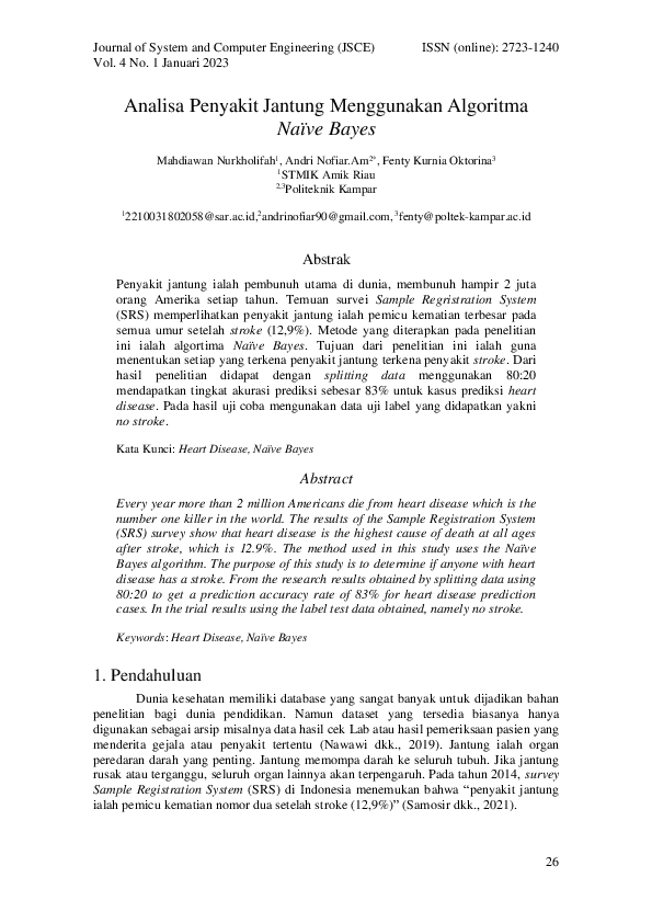 (PDF) Analisa Penyakit Jantung Menggunakan Algoritma Naïve Bayes