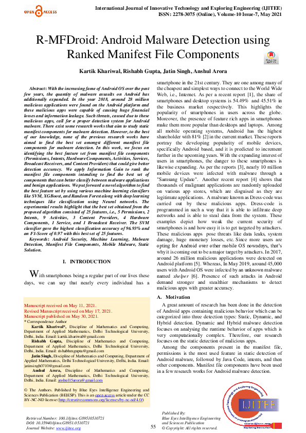 (PDF) R MF Droid Android Malware Detection using Ranked Manifest File Components