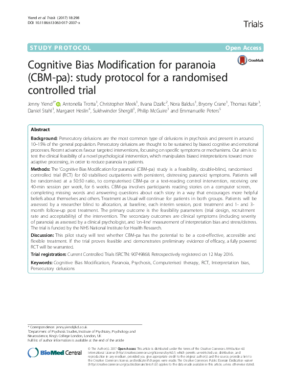 (PDF) Cognitive Bias Modification for paranoia (CBM-pa): study protocol ...