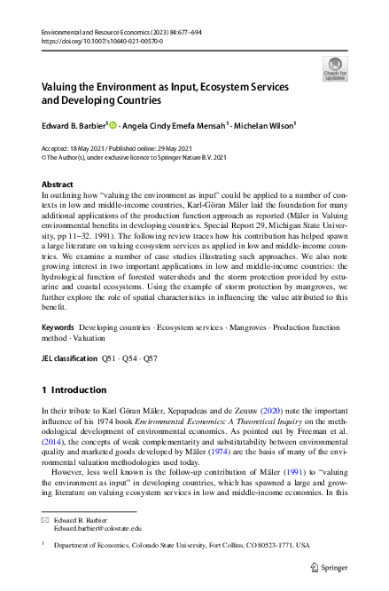 (PDF) Valuing the Environment as Input, Ecosystem Services and Developing Countries