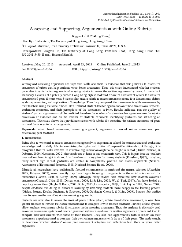 (PDF) Assessing and Supporting Argumentation with Online Rubrics