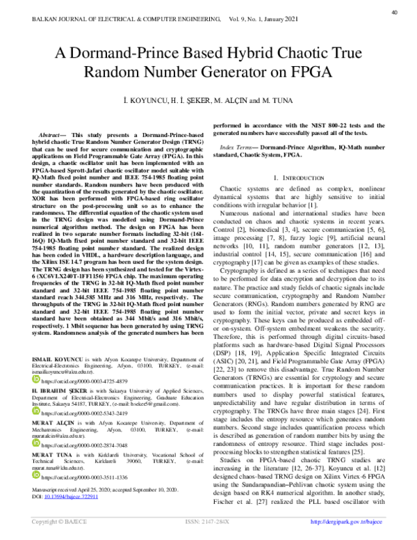 (PDF) A Novel Dormand-Prince Based Hybrid Chaotic True Random Number Generator on FPGA | Murat ...