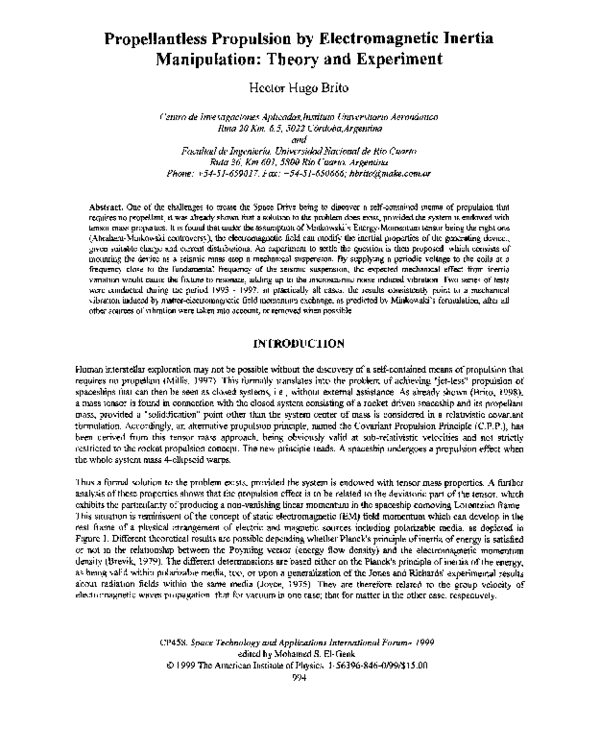 (PDF) Propellantless propulsion by electromagnetic inertia manipulation ...