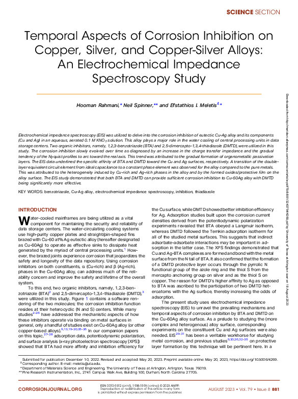 (PDF) Temporal Aspects of Corrosion Inhibition on Copper, Silver, and Copper-Silver Alloy: An ...