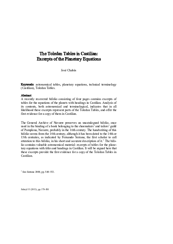 (PDF) The Toledan Tables in Castilian: Excerpts of the Planetary Equations