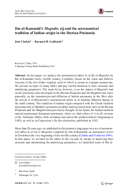 (PDF) Ibn al-Kammād’s Muqtabis zij and the astronomical tradition of ...