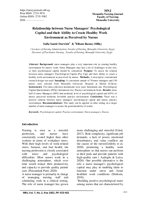 (PDF) Relationship between Nurse Managers' Psychological Capital and their Ability to Create ...
