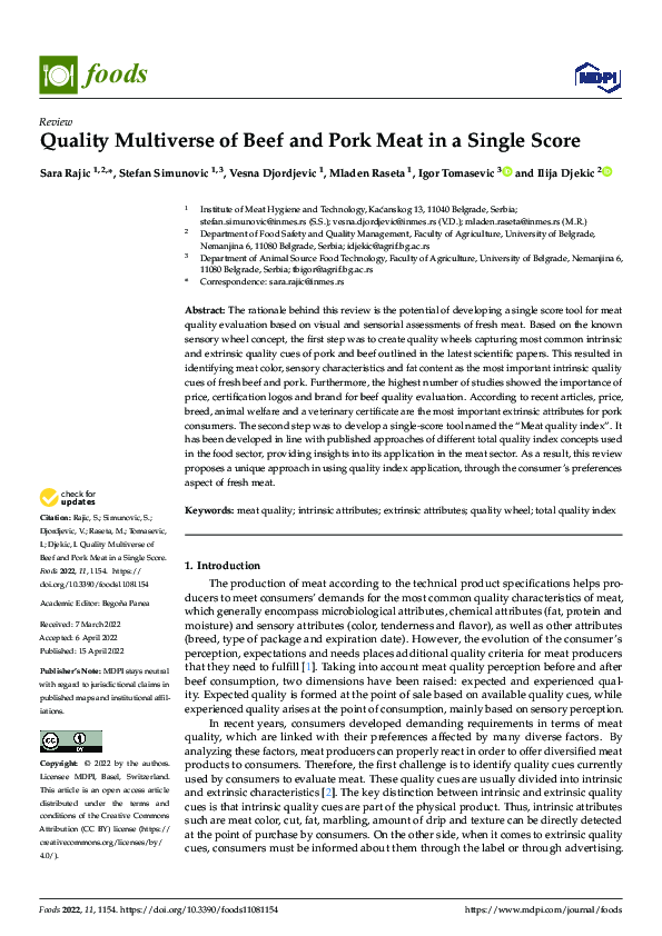 (PDF) Quality Multiverse of Beef and Pork Meat in a Single Score