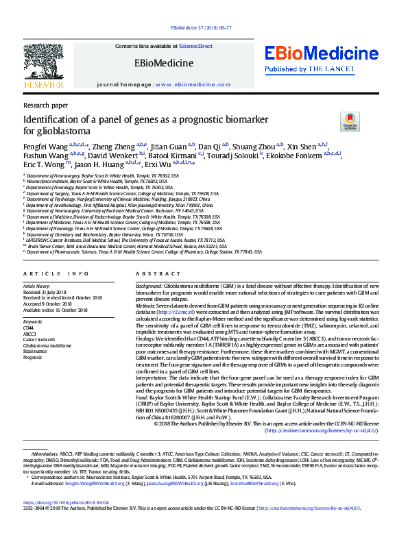 (PDF) Identification of a panel of genes as a prognostic biomarker for glioblastoma