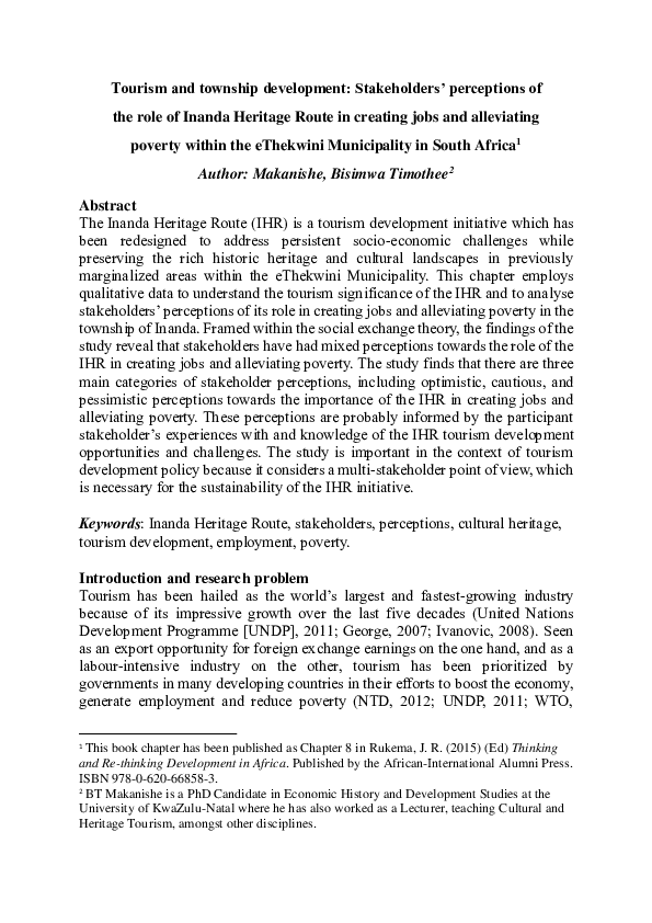 (PDF) Tourism and township development: Stakeholders’ perceptions of ...