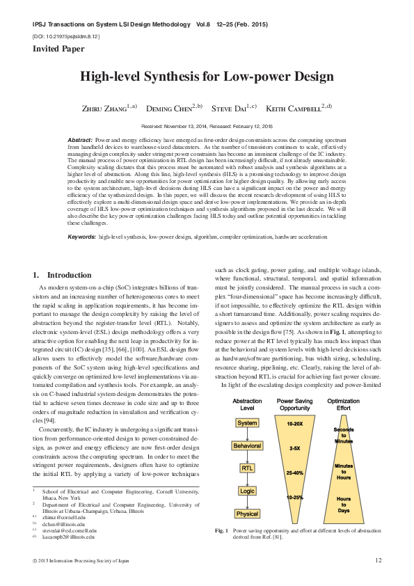 Pdf High Level Synthesis For Low Power Design