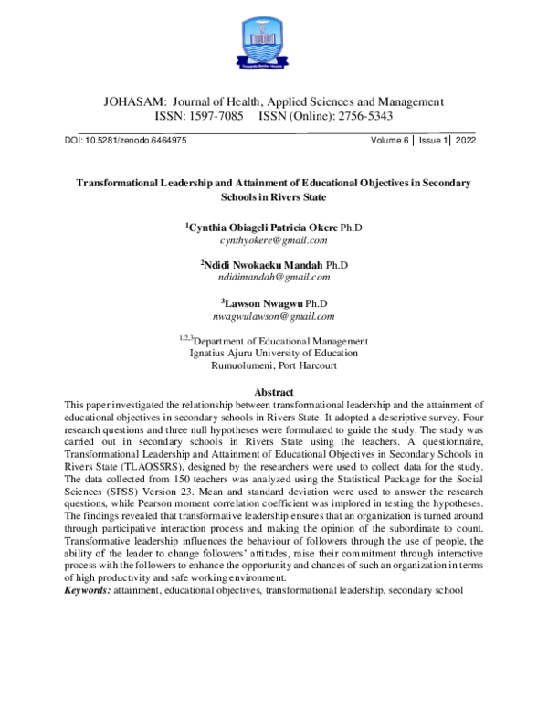 (PDF) Transformational Leadership and Attainment of Educational Objectives in Secondary Schools ...