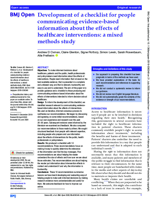 (PDF) Development of a checklist for people communicating evidence ...