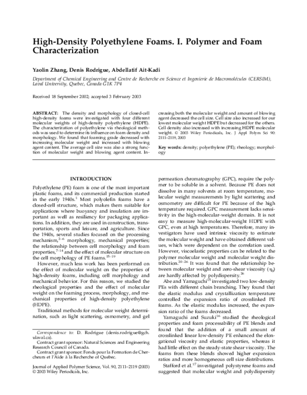 (PDF) High-density polyethylene foams. I. Polymer and foam characterization