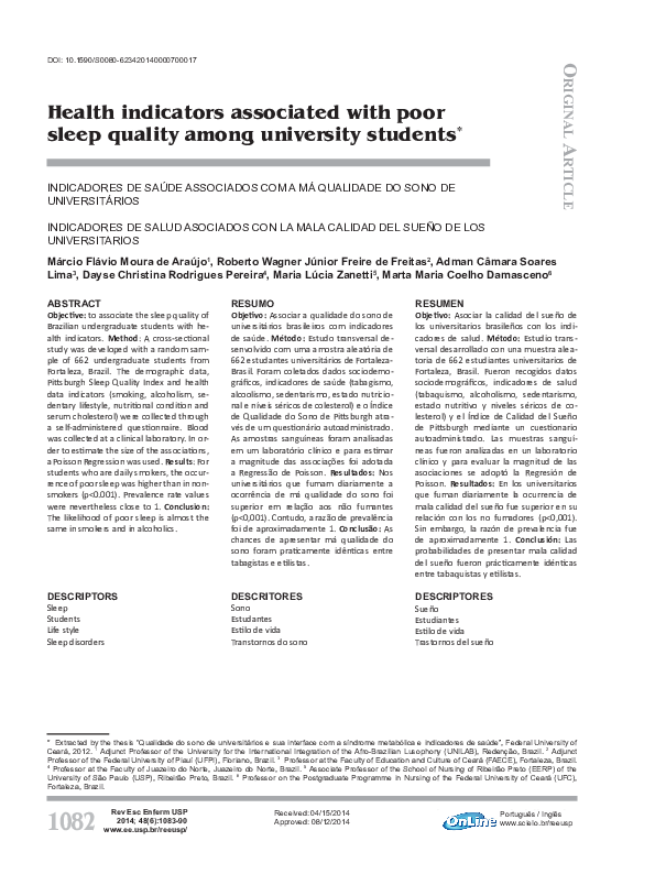 (PDF) Health indicators associated with poor sleep quality among ...