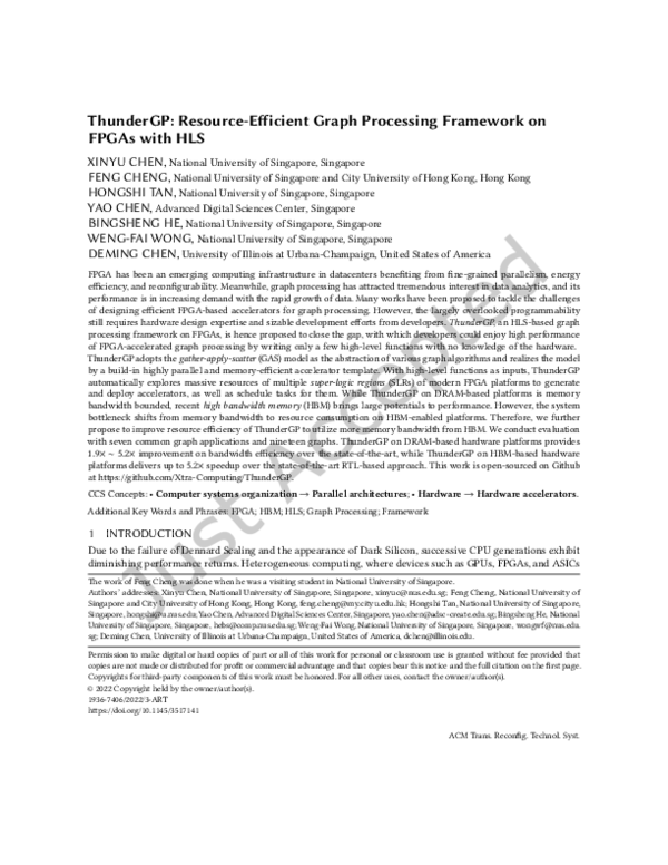 (PDF) ThunderGP: Resource-Efficient Graph Processing Framework on FPGAs with HLS | Deming Chen ...