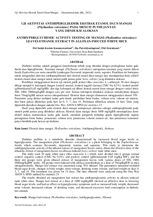 (PDF) UJI AKTIVITAS ANTIHIPERGLIKEMIK EKSTRAK ETANOL DAUN MANGSI ...