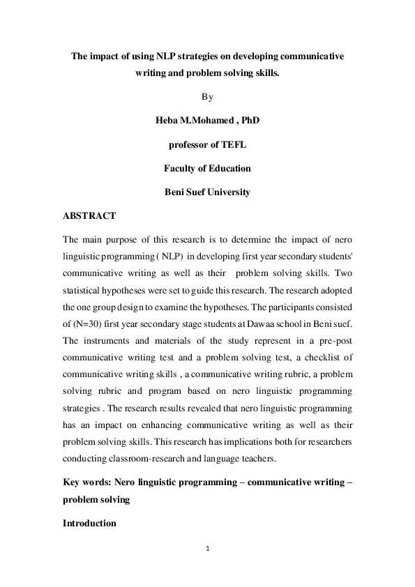 Pdf The Impact Of Using Nlp Strategies On Developing Communicative Writing And Problem Solving