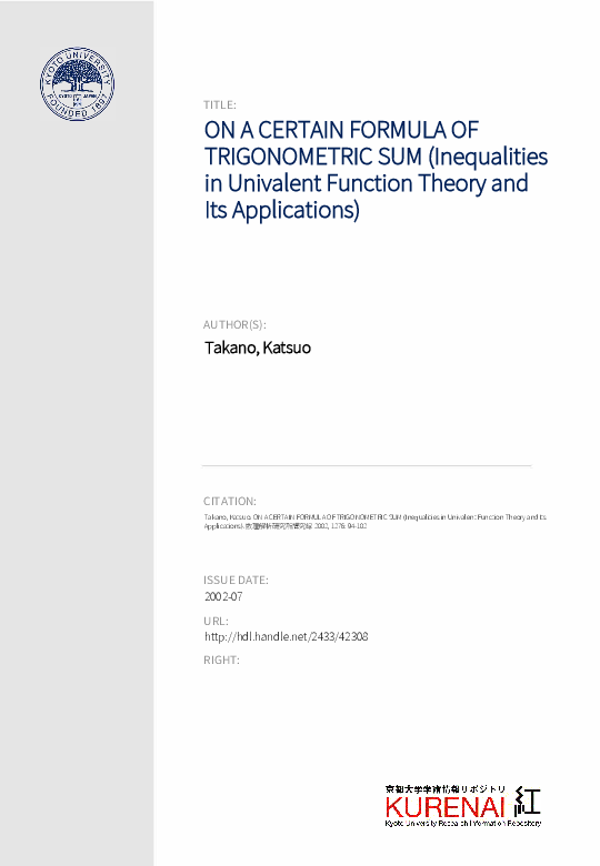 (PDF) ON A CERTAIN FORMULA OF TRIGONOMETRIC SUM (Inequalities in Univalent Function Theory and ...