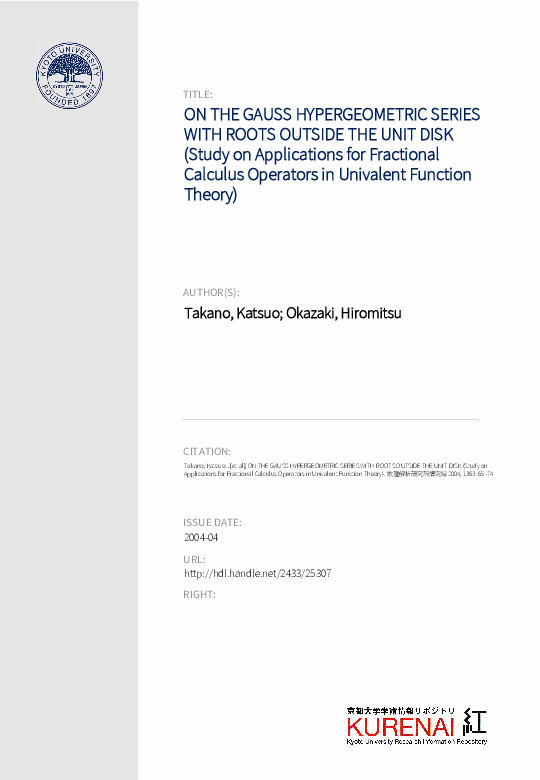 (PDF) ON THE GAUSS HYPERGEOMETRIC SERIES WITH ROOTS OUTSIDE THE UNIT ...