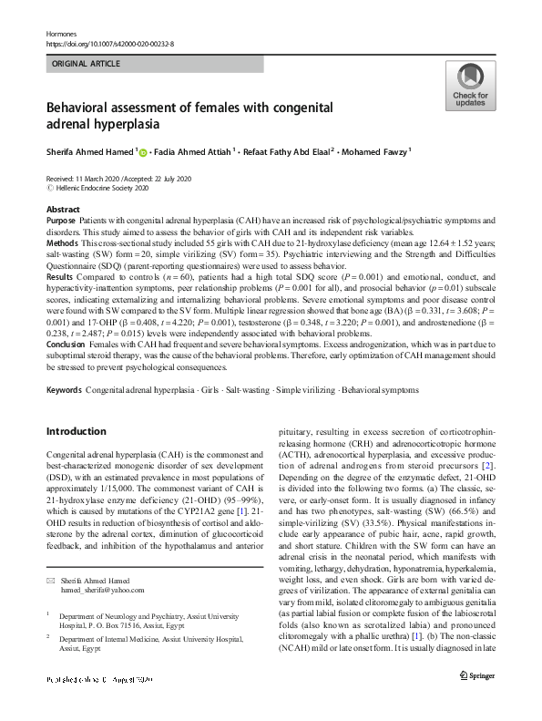 (PDF) Behavioral assessment of females with congenital adrenal hyperplasia