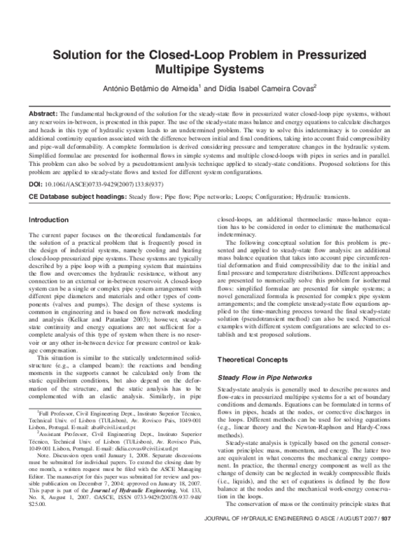 (PDF) Solution for the Closed-Loop Problem in Pressurized Multipipe Systems
