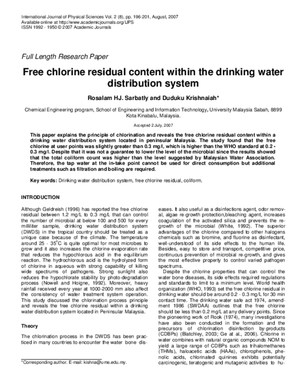 (PDF) Free chlorine residual content within the drinking water ...