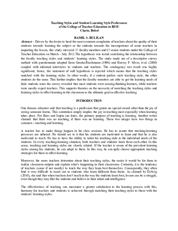 (PDF) Teaching Styles and Student Learning Style Preferences of the College of Teacher Education ...